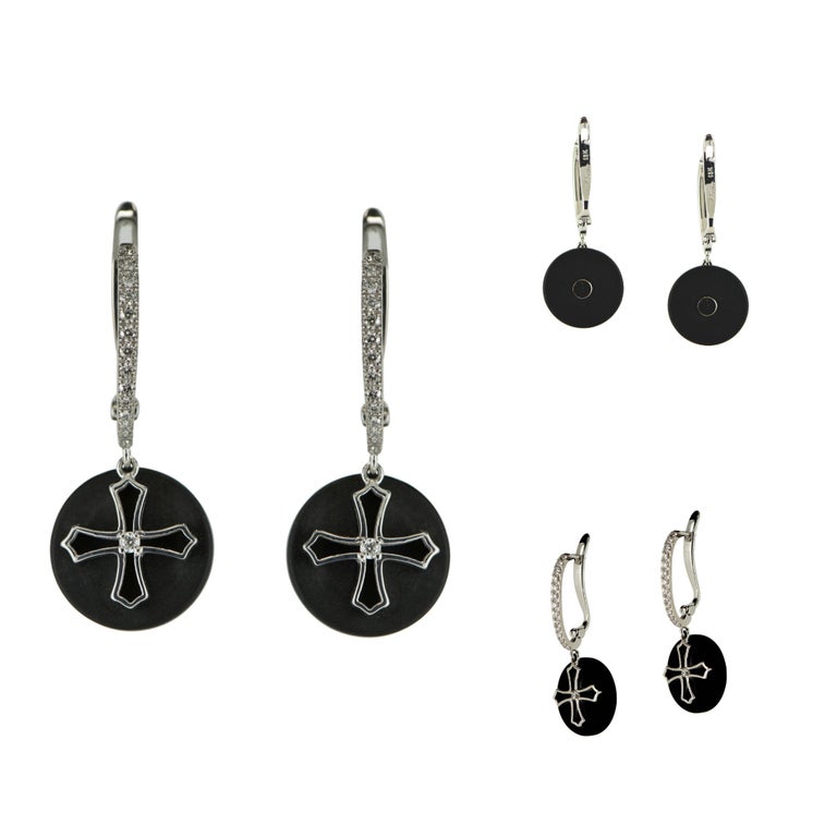 18 Karat White Gold Black Onyx Diamond Cross Dangle Earrings For Sale ...