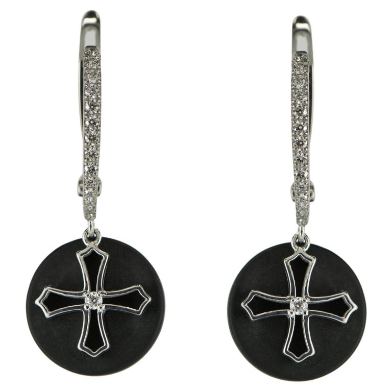 18 Karat White Gold Black Onyx Diamond Cross Dangle Earrings For Sale ...