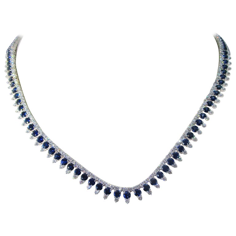 18 Karat White Gold Blue Sapphire and Diamond Princess Style Necklace ...