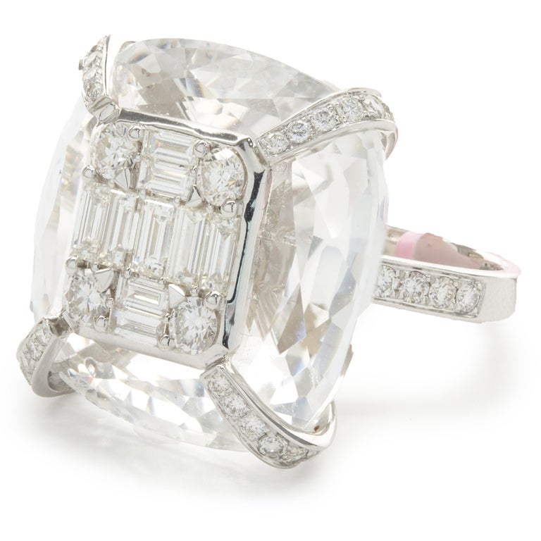 18 Karat White Gold Carved Crystal and Diamond Cocktail Ring For Sale ...