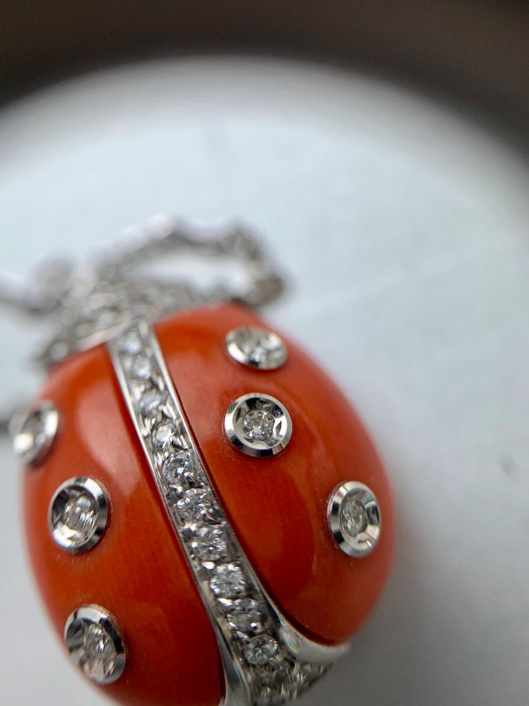 18 Karat White Gold Diamond and Coral Ladybug Necklace at 1stDibs ...