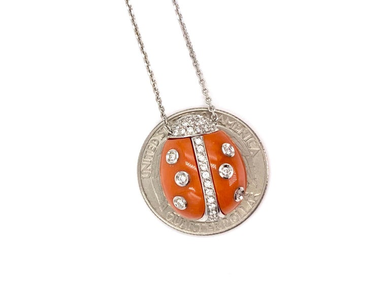 18 Karat White Gold Diamond and Coral Ladybug Necklace at 1stDibs ...