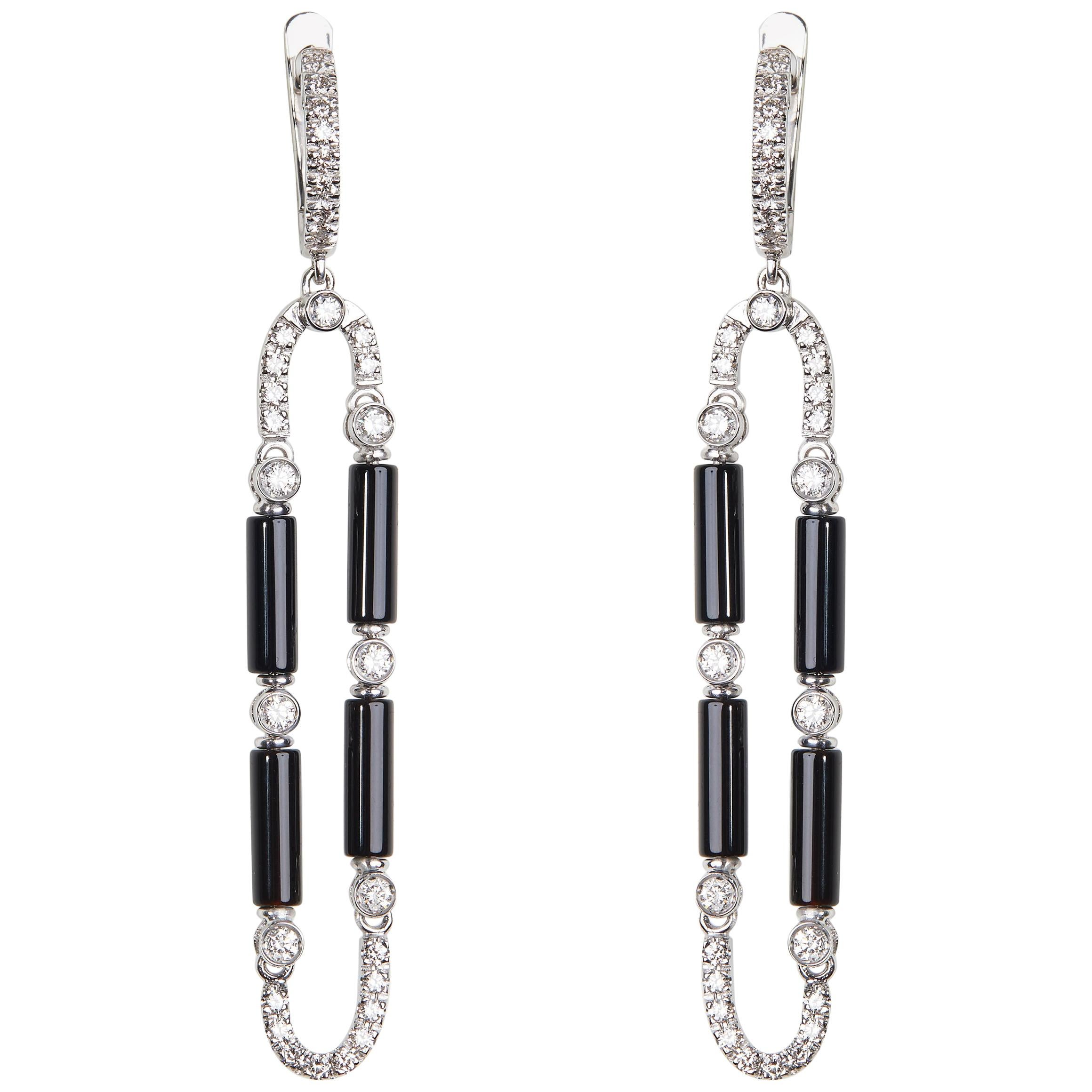1990s Onyx and Diamond Dangle Gold Earrings For Sale at 1stDibs