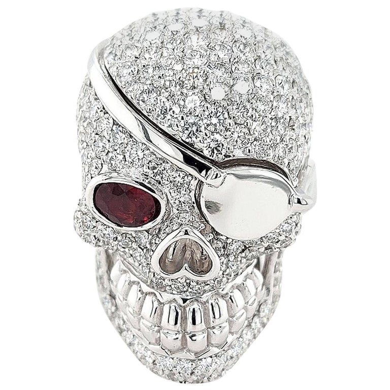 18 Karat white Gold Diamond and Ruby Skull Ring with Eye Patch of ...