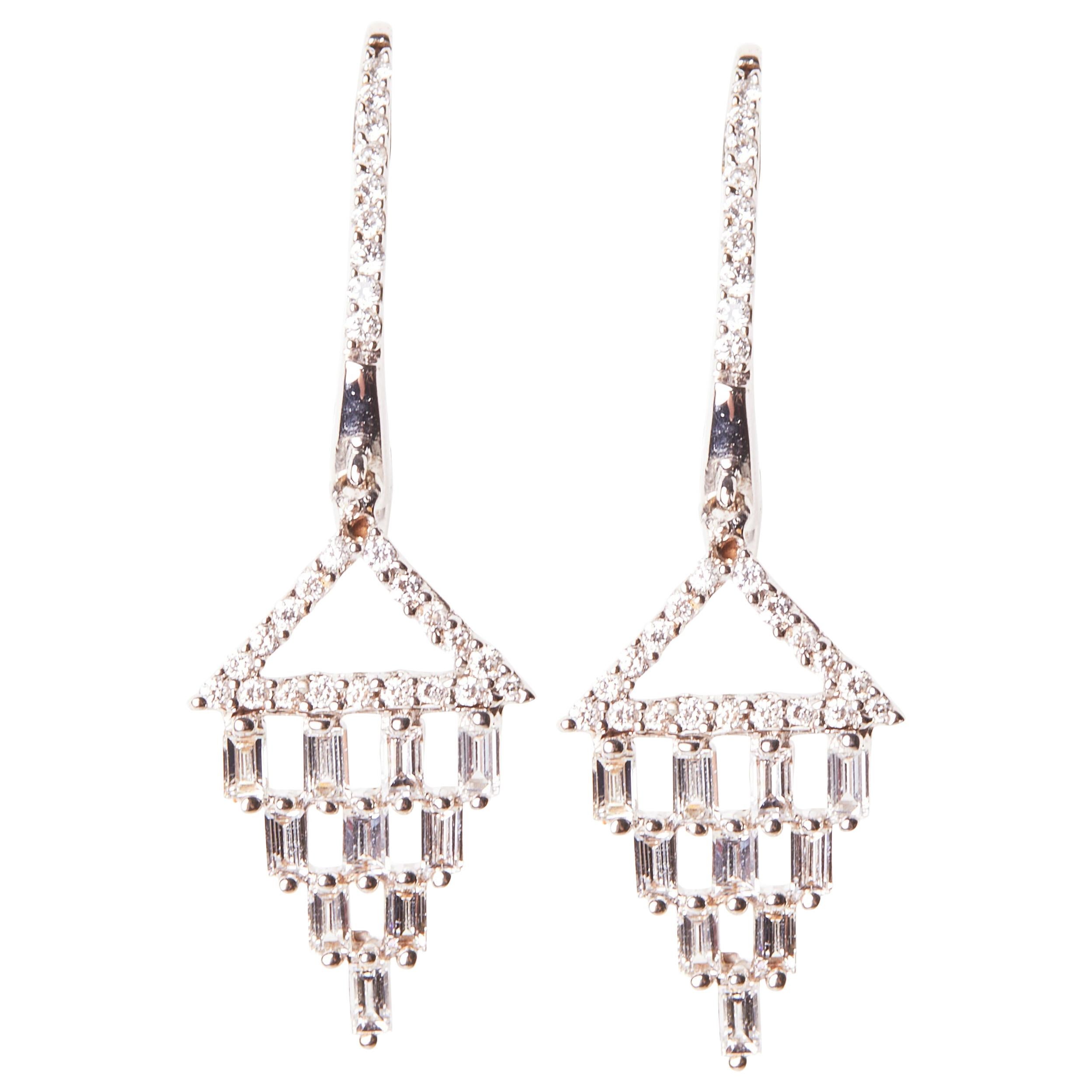 18 Karat White Gold Diamond Small Sapphire Delicate Dangling Earrings ...