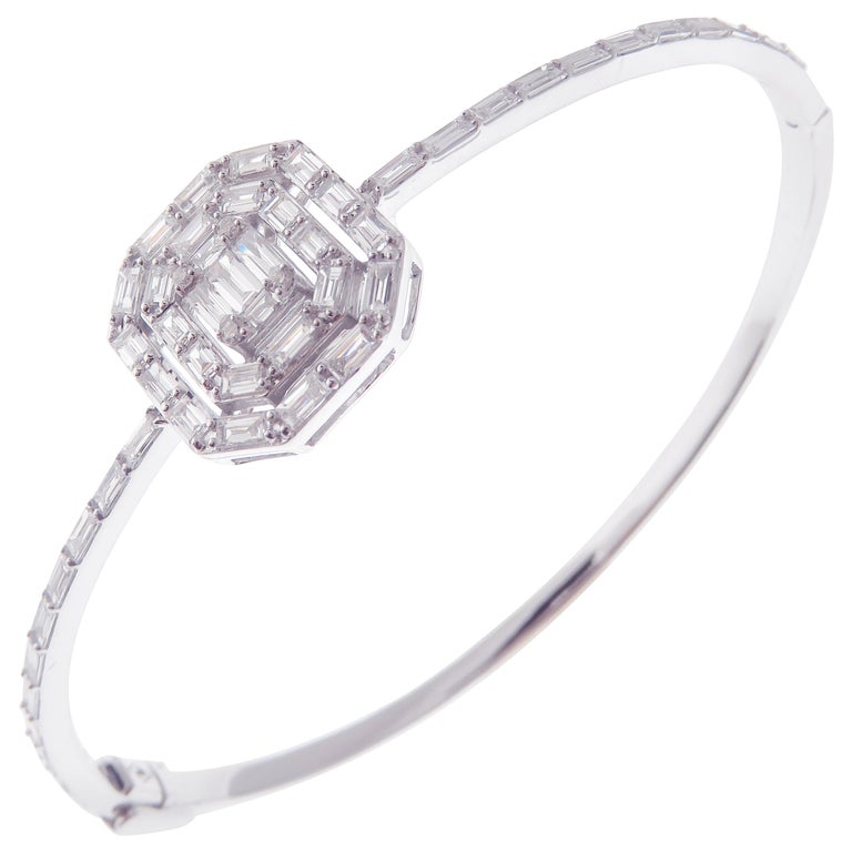 18 Karat White Gold Diamond Delicate Baguette Square Bangle Bracelet ...