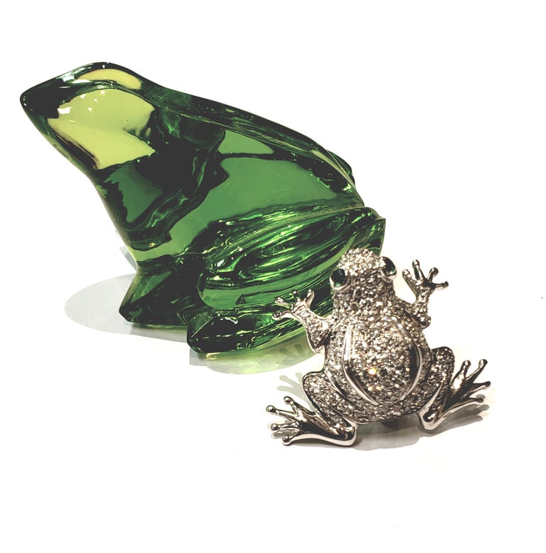 18 Karat White Gold and Diamond Frog Pin with Emerald Eyes by Aldo ...