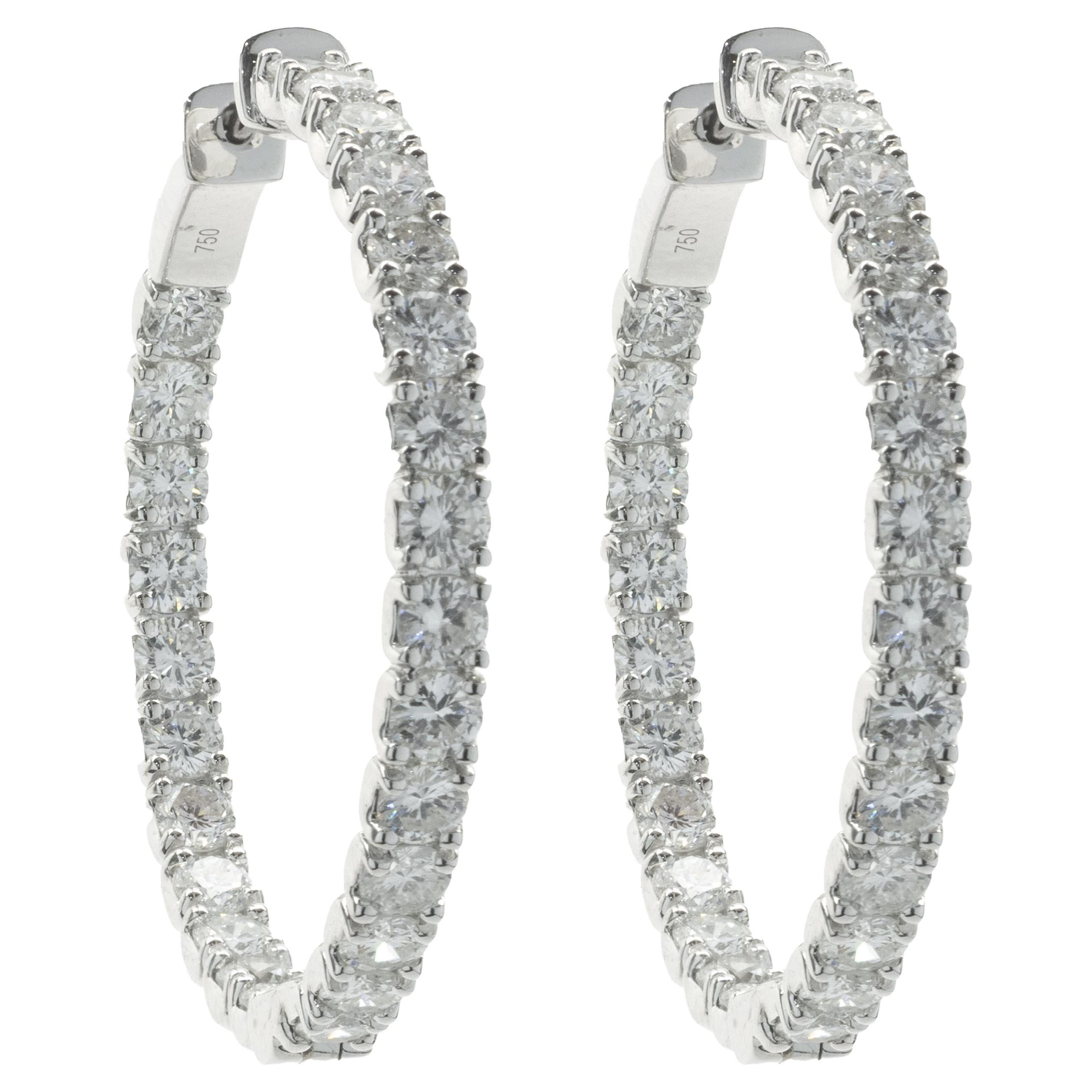 18 Karat White Gold Round and Baguette Inside/Outside Diamond Huggie ...