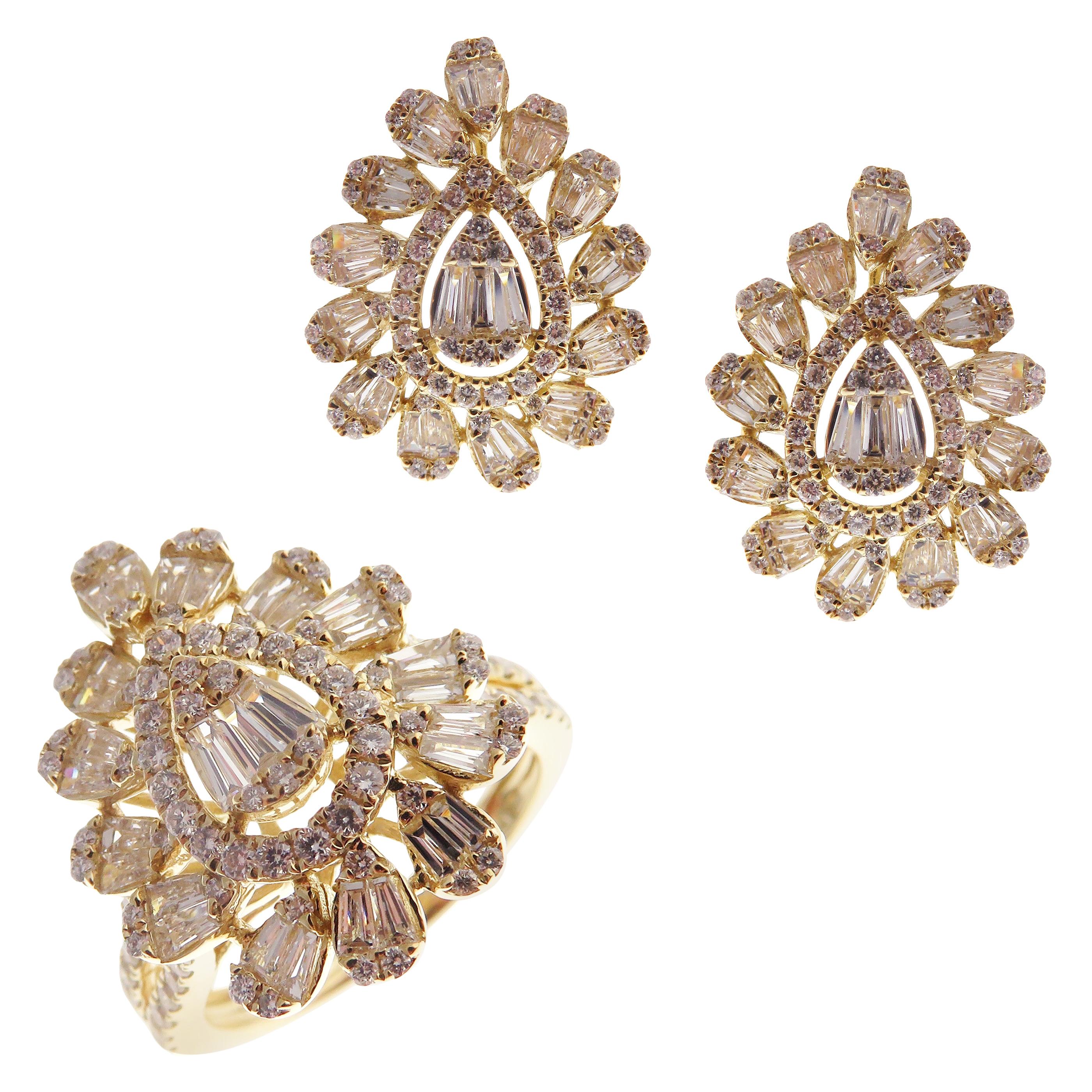 18 Karat Yellow Gold Diamond Small Baguette Huggy Earring Ring Set at ...