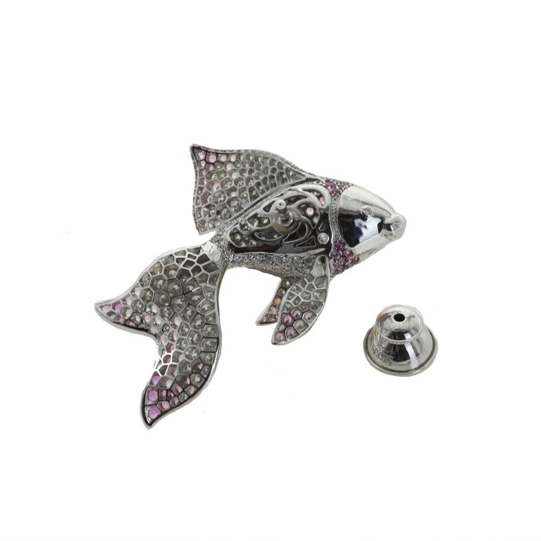 Diamond Pink Sapphire 18 Karat White Gold Golden Fish Brooch For Sale ...