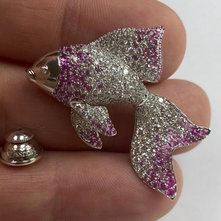 Diamond Pink Sapphire 18 Karat White Gold Golden Fish Brooch For Sale ...
