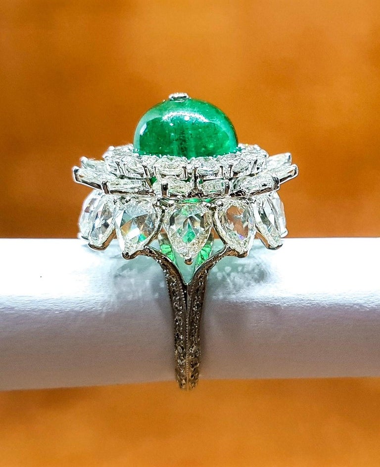 18 Karat White Gold Diamond, Rose Cut and Emerald Melon Ball Ring at ...