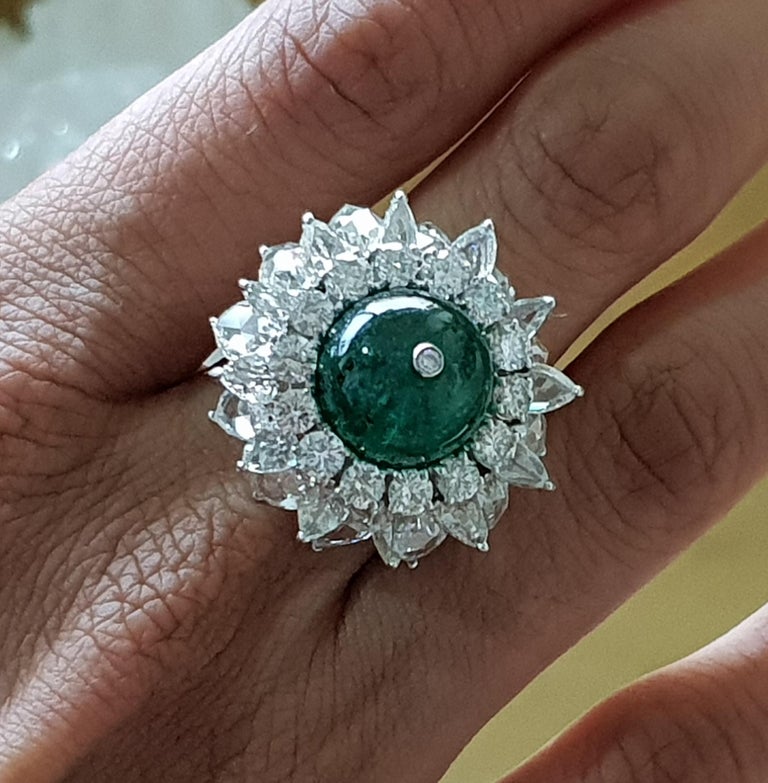 18 Karat White Gold Diamond, Rose Cut and Emerald Melon Ball Ring at ...