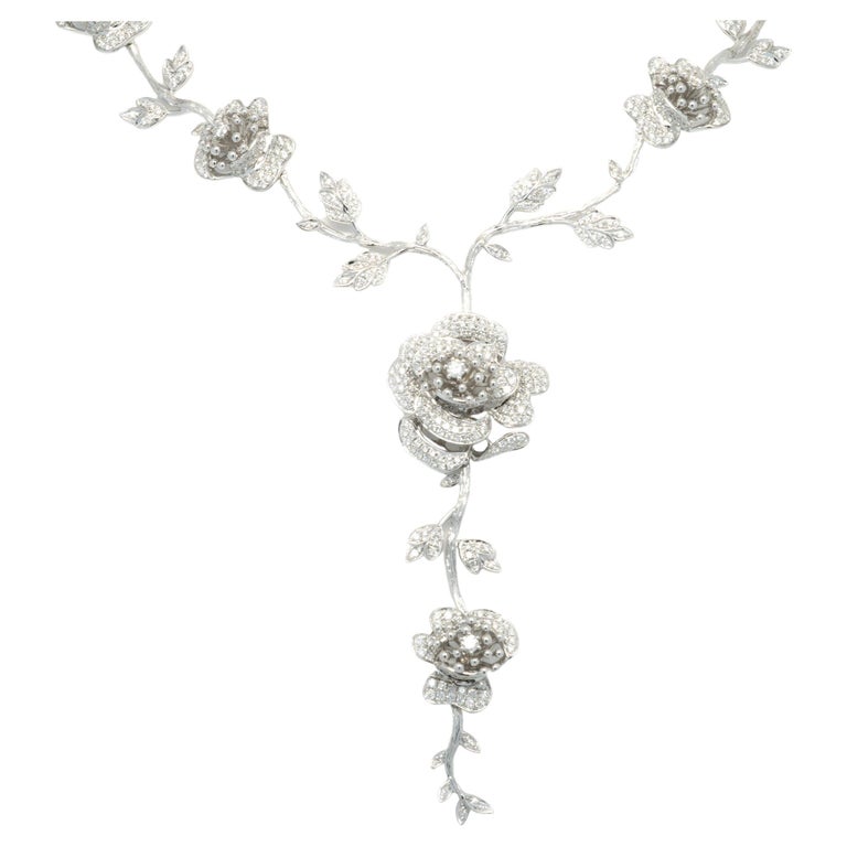 18 Karat White Gold Diamond Rose Drop Collar Necklace at 1stDibs