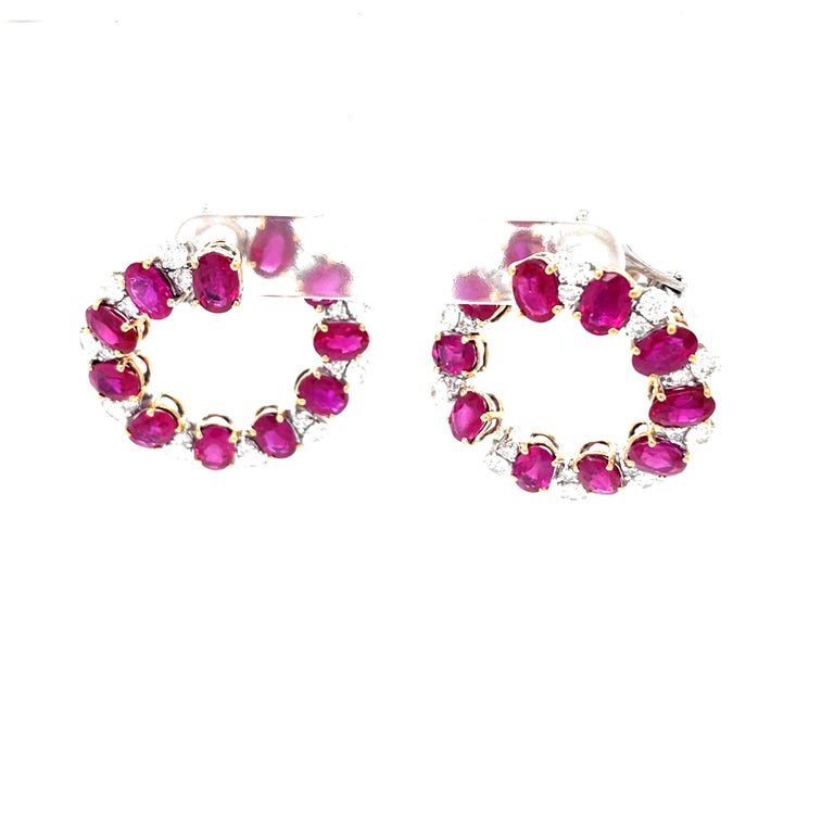 18 Karat White Gold Diamond Ruby Hoop Earrings For Sale at 1stDibs