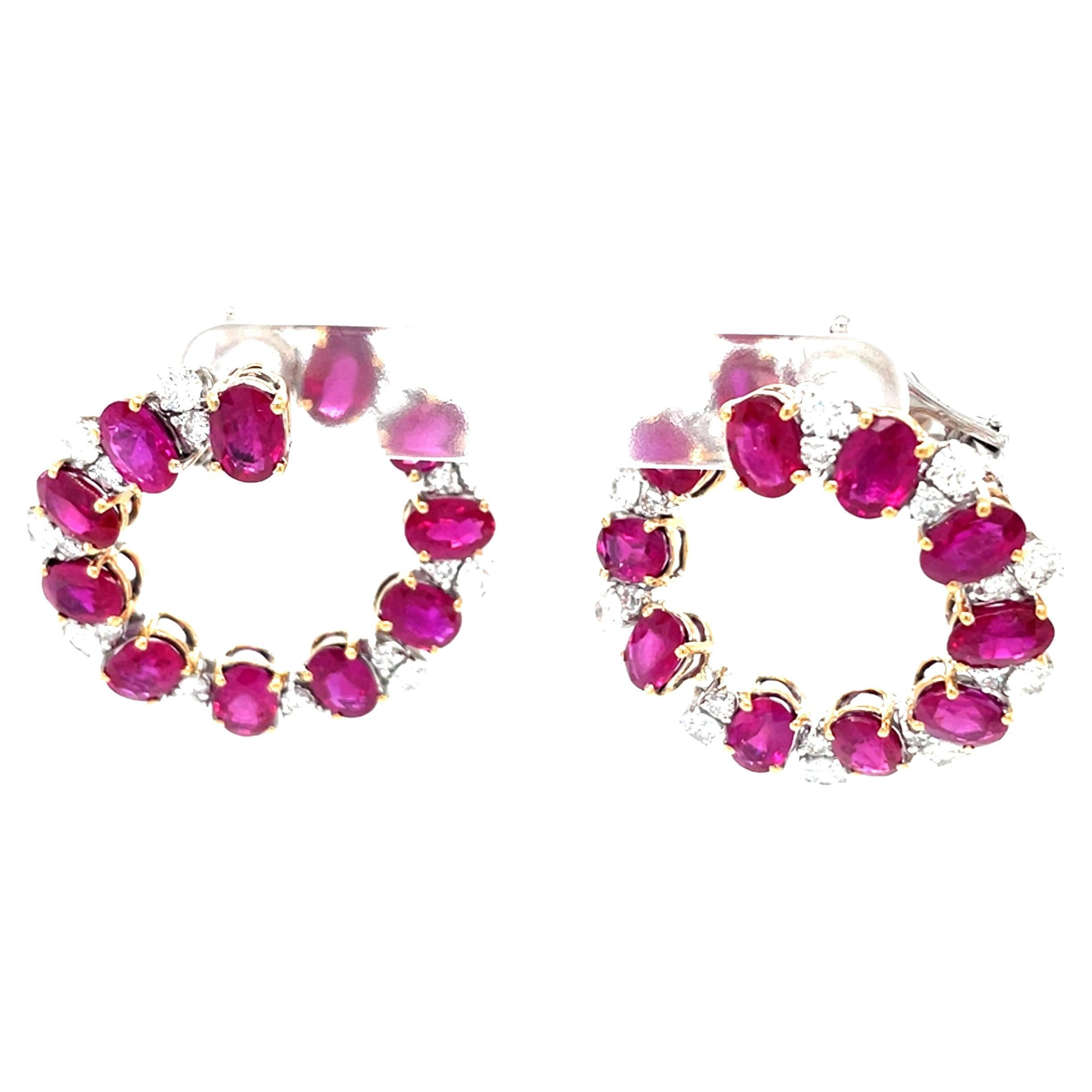 18 Karat White Gold Diamond Ruby Hoop Earrings For Sale at 1stDibs