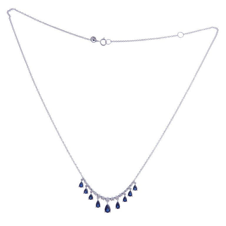 18 Karat White Gold Diamond Small Blue Sapphire Pear Drops Simple Bar ...