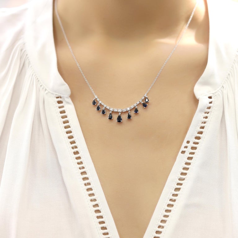 18 Karat White Gold Diamond Small Blue Sapphire Pear Drops Simple Bar ...