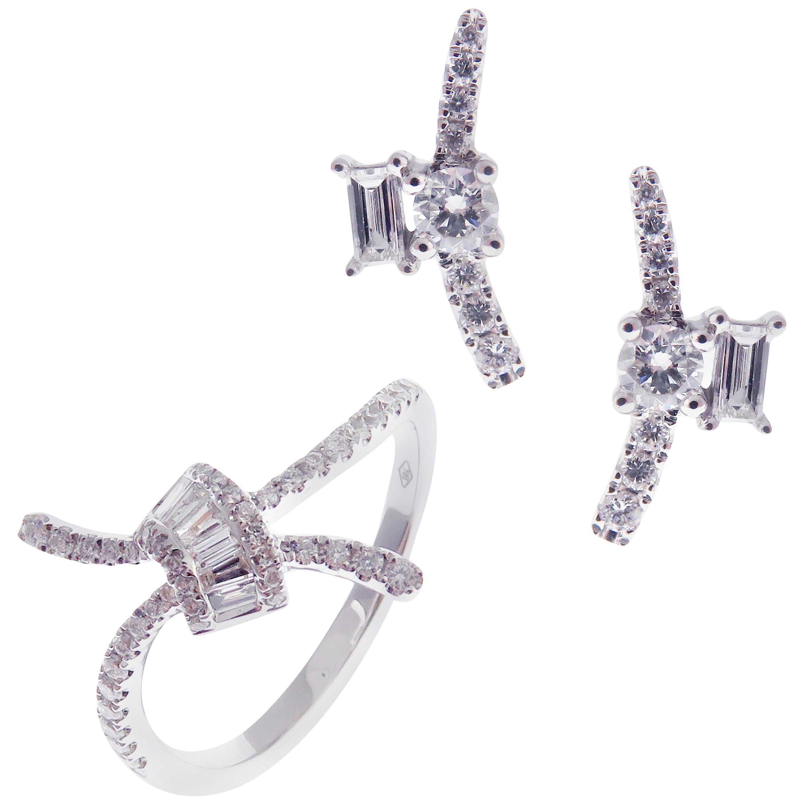 18 Karat White Gold Diamond Small Wrap Baguette Crawler Stud Earring ...
