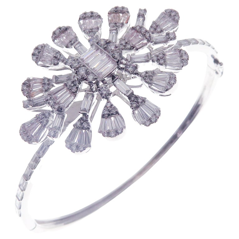 18 Karat White Gold Diamond Snowflake Baguette Bangle Bracelet For Sale ...