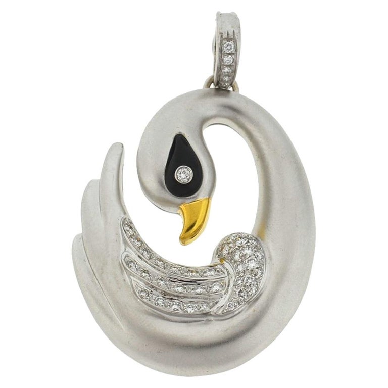 18 Karat White Gold Diamond Swan Pendant Approximate .95 Carat For Sale ...