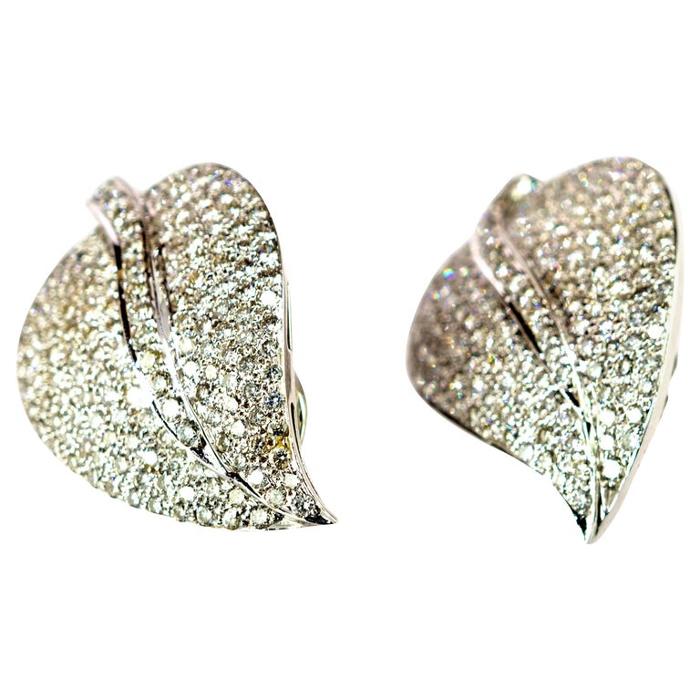 18 Karat White Gold Diamond Leaves Leaf Romantic Stud Lever Back ...