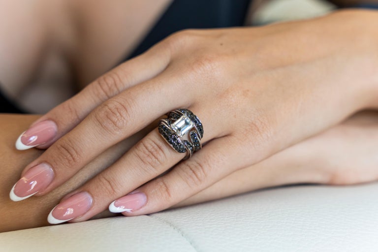 18 Karat White Gold Emerald Cut Bland Diamond Cocktail Ring For Sale at ...