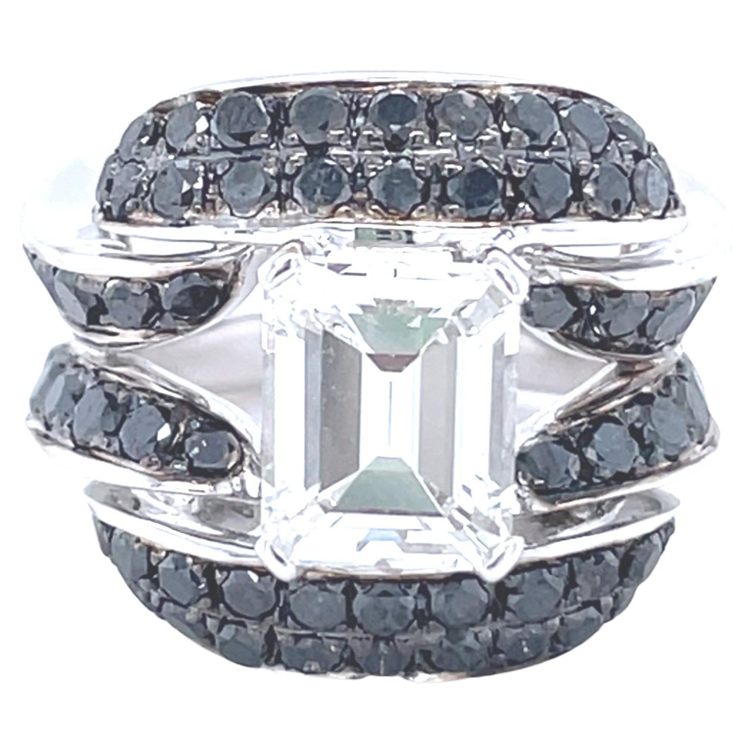 18 Karat White Gold Emerald Cut Bland Diamond Cocktail Ring For Sale at ...