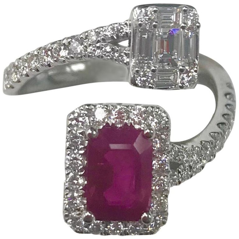 18 Karat White Gold Emerald Cut Natural Heated Ruby and Genuine Diamond ...