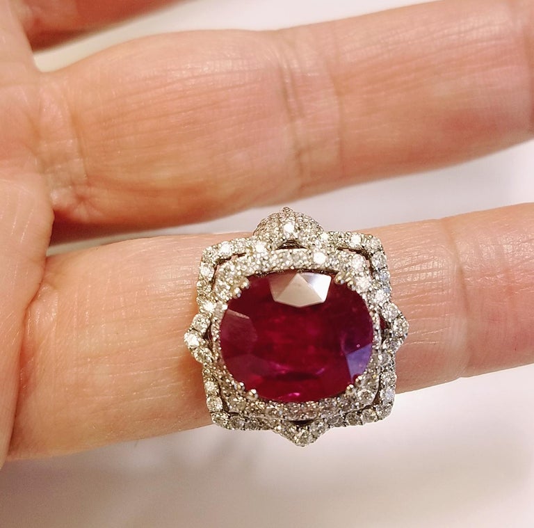 18 Karat White Gold Emerald Cut Ruby and Diamond Ring at 1stDibs