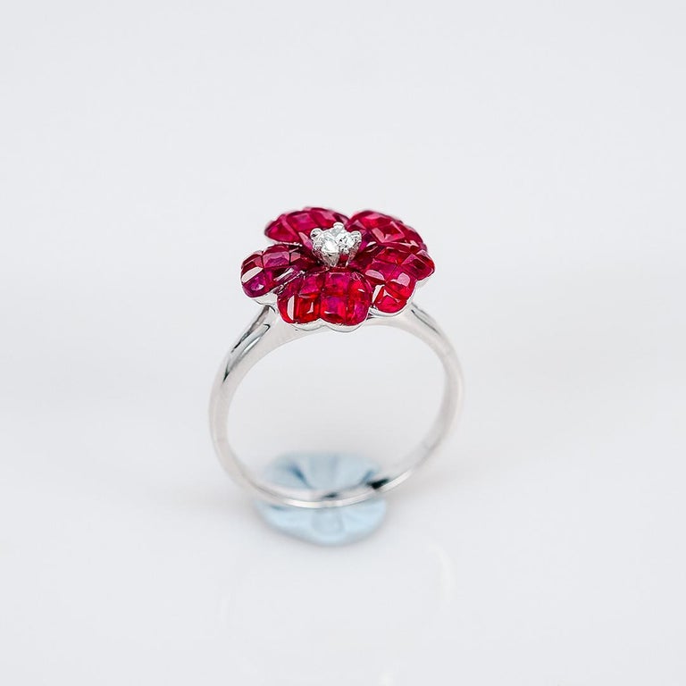 18 Karat White Gold Flower Invisible Ruby Ring at 1stDibs