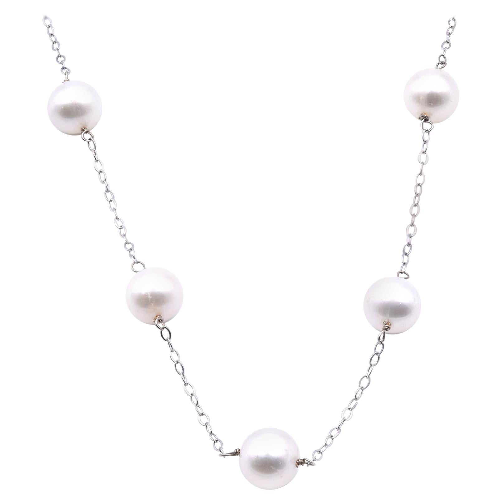 6 Carat Diamond Cultured Freshwater Pearl White Gold Wire Necklace For