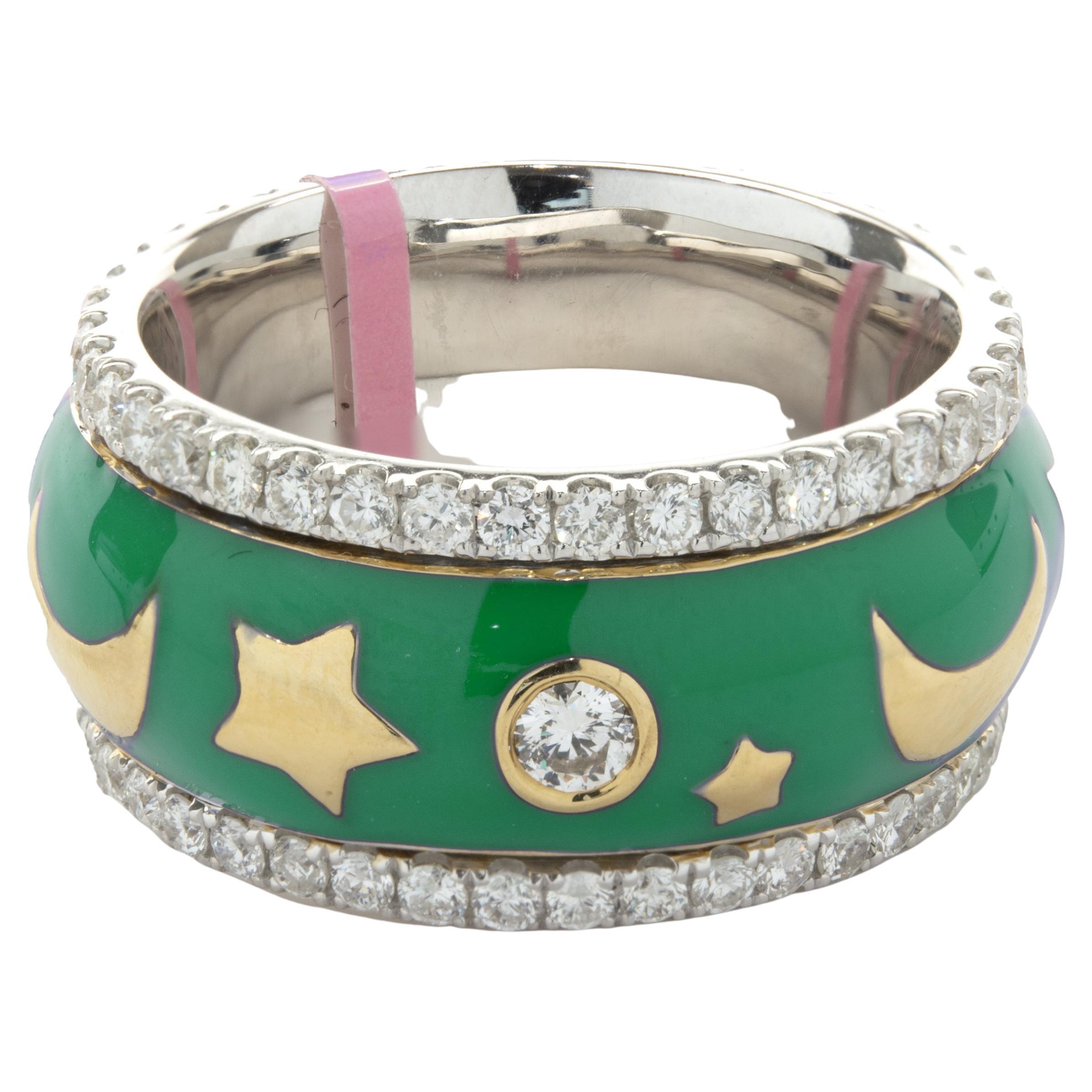 18 Karat Yellow and White Gold Blue Enamel Diamond Moon and Star Band ...