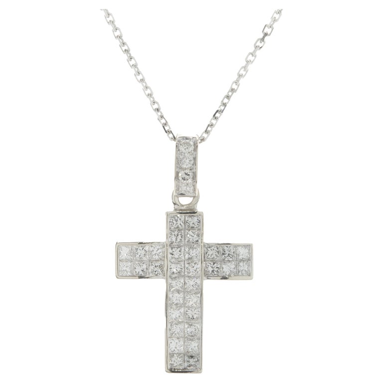 18 Karat White Gold Invisible Set Diamond Cross on 14 Karat White Gold ...