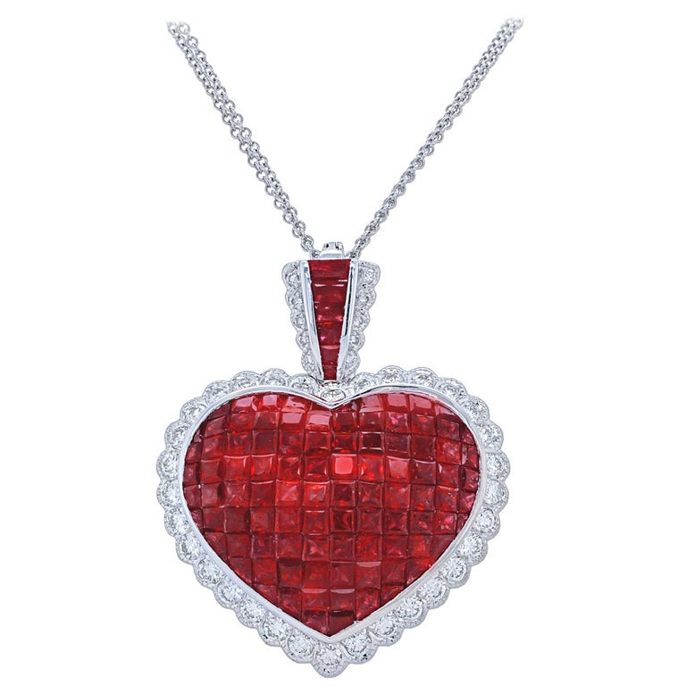 18 Karat White Gold Invisible Set Ruby and Diamond Pendant at 1stDibs