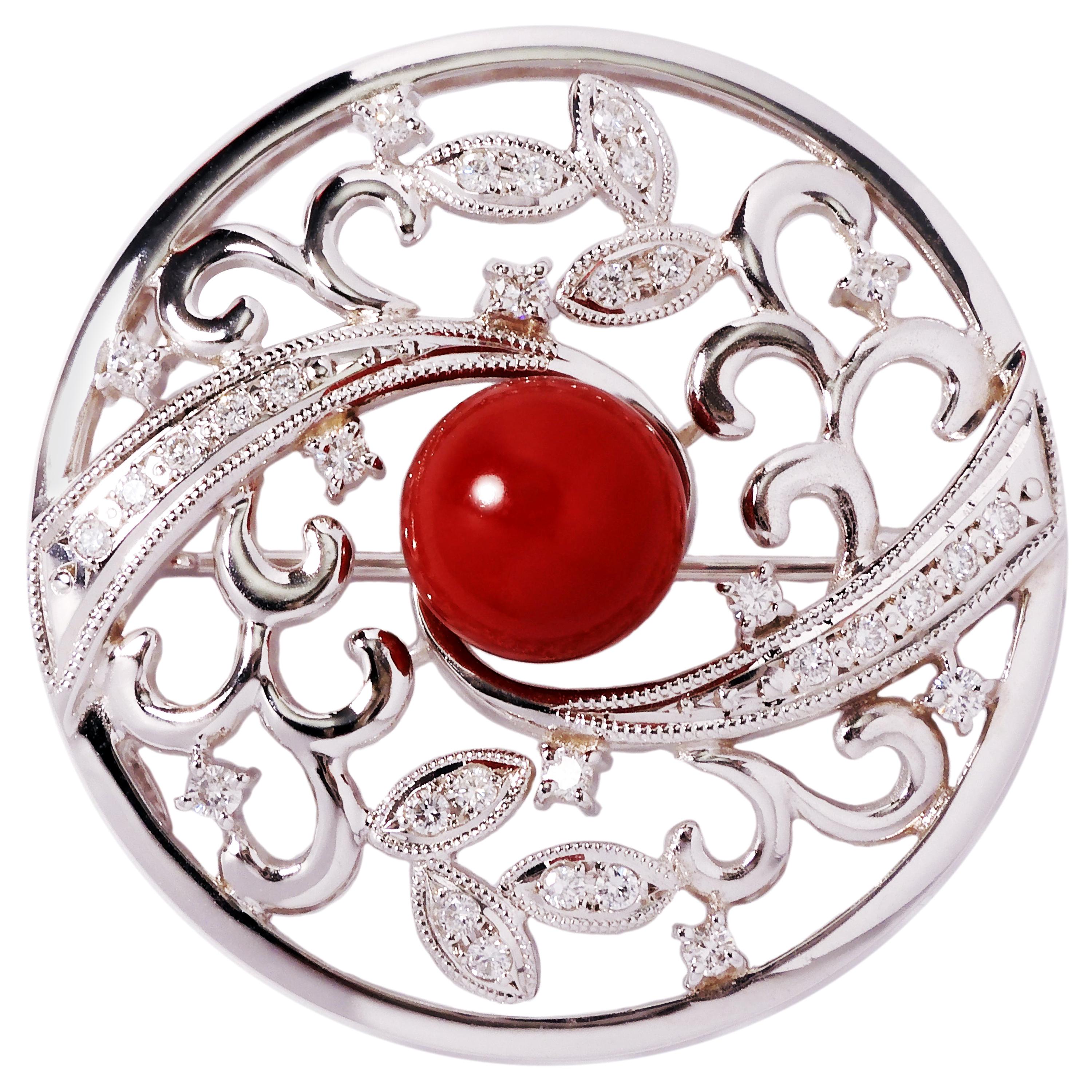 18 Karat White Gold Japanese Red Coral Brooch with Diamonds For Sale at ...