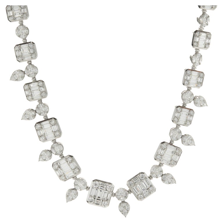 18 Karat White Gold Mosaic Set Diamond and Cluster Spear Drop Collar ...