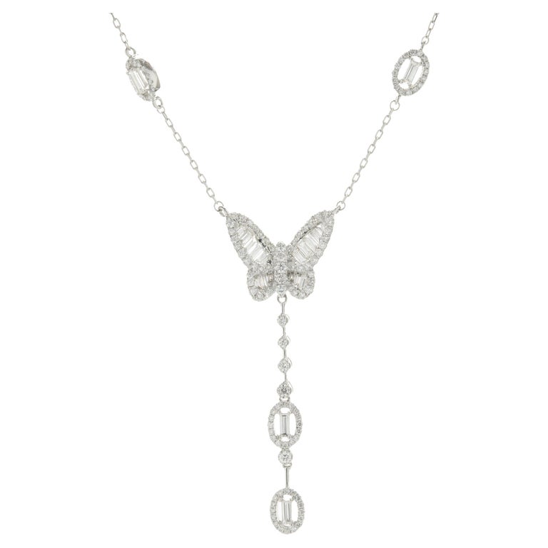 18 Karat White Gold Mosaic Set Diamond Butterfly Necklace with Stations ...