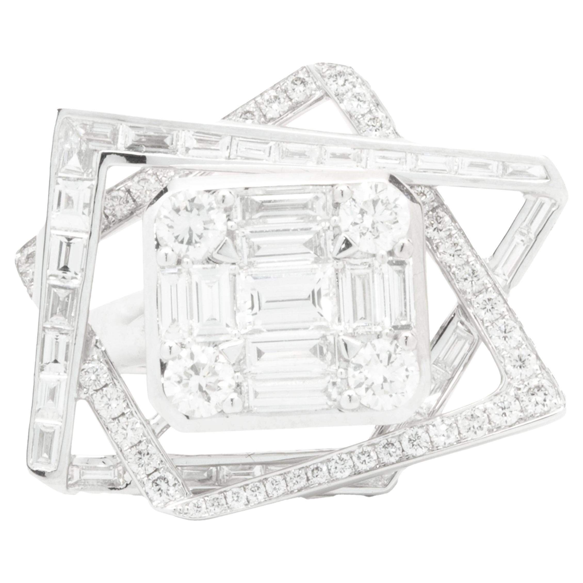 18 Karat White Gold Mosaic Set Diamond Floral Tri-Pass Ring For Sale at ...