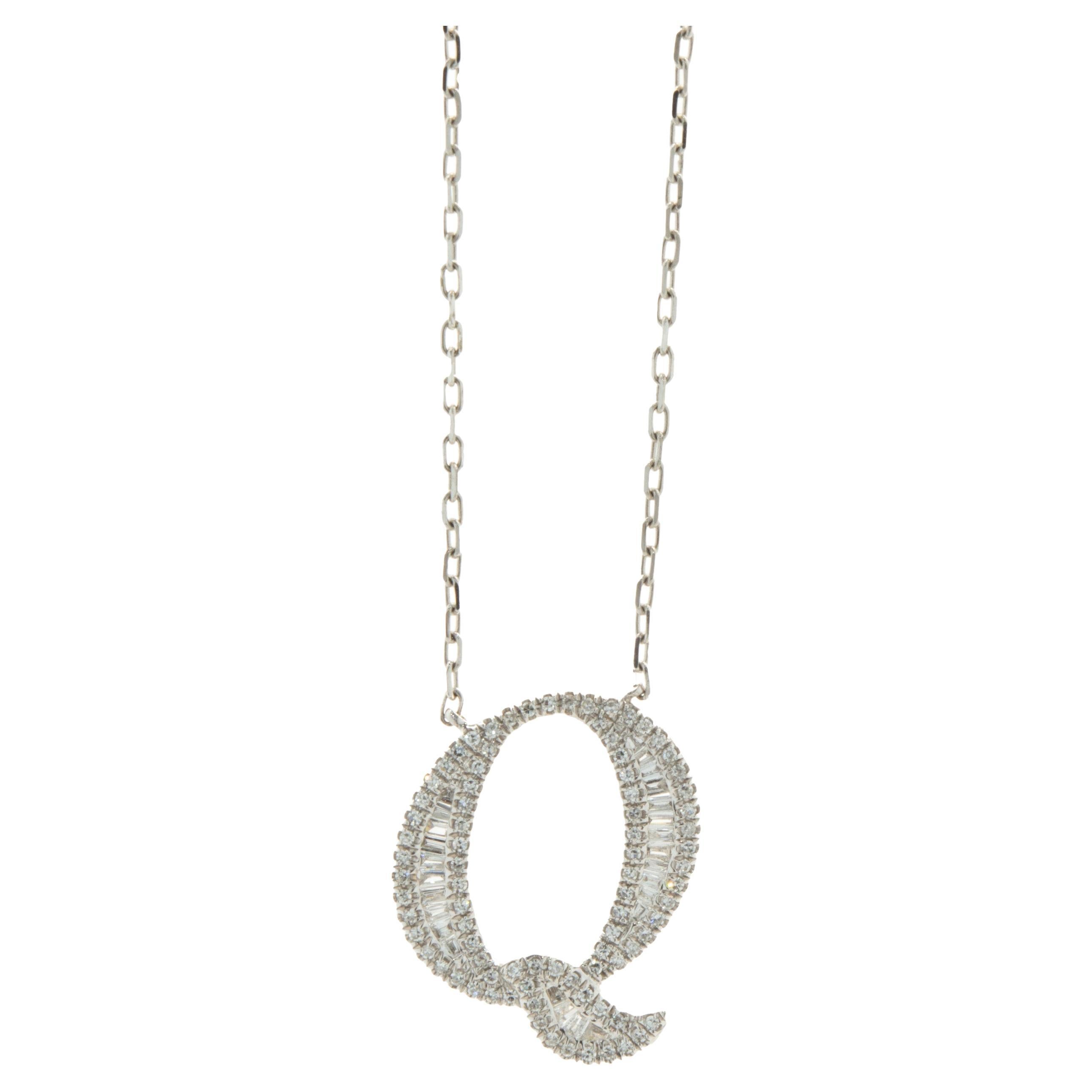 18 Karat White Gold Mosaic Set Diamond Initial Q Necklace For Sale at ...