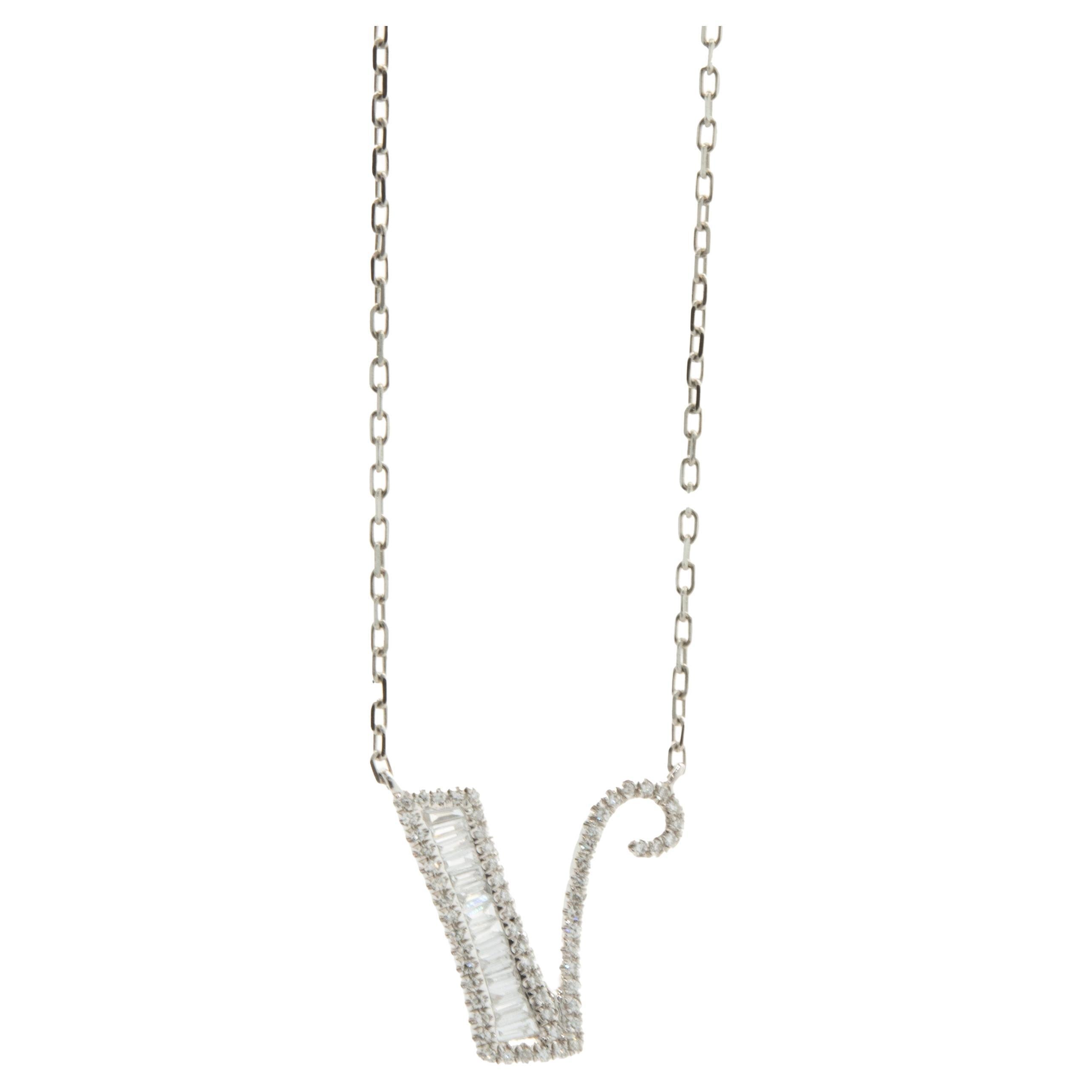 18 Karat White Gold Mosaic Set Diamond Initial V Necklace For Sale at ...