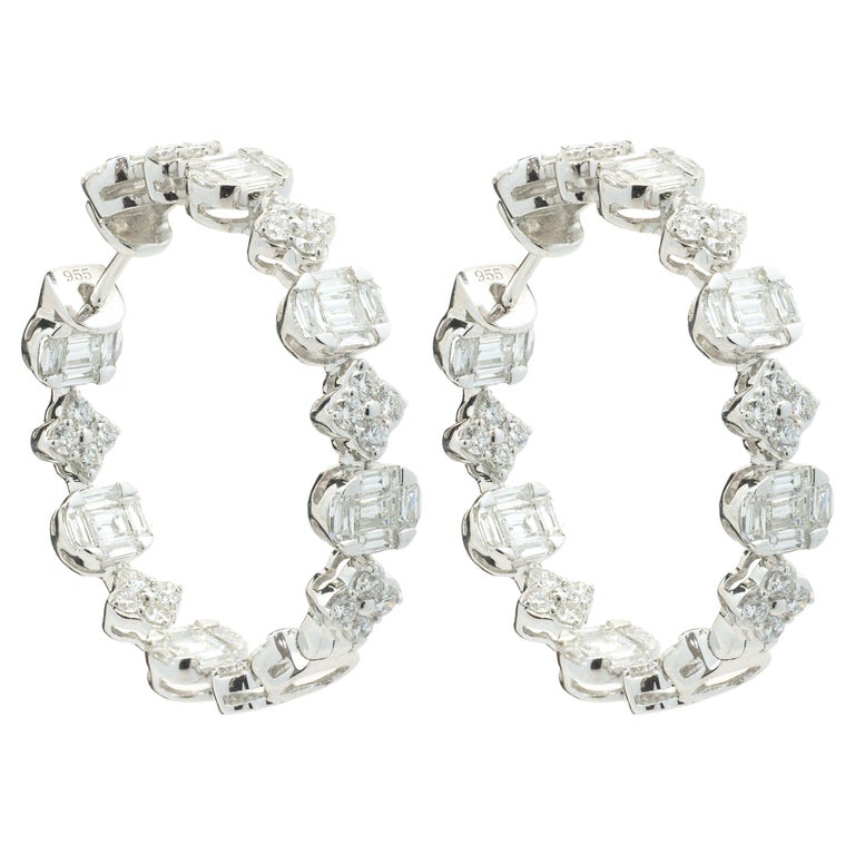 18 Karat White Gold Mosaic Set Multi Shape Diamond Hoop Earrings at 1stDibs