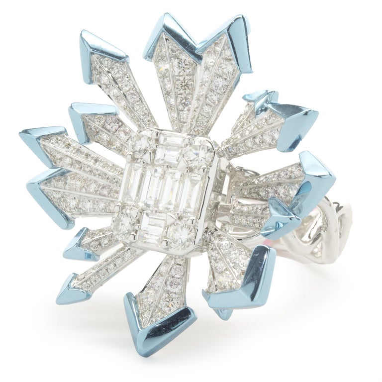 18 Karat White Gold Mosaic Set Pave Diamond Blue Snowflake Ring For ...