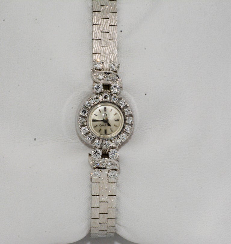 18 Karat White Gold Omega Diamond Bezel Wristwatch at 1stDibs