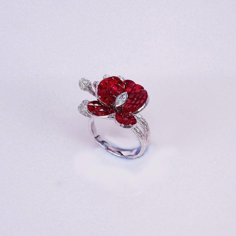 18 Karat White Gold Orchid Flower Invisible Ruby Ring For Sale at 1stDibs