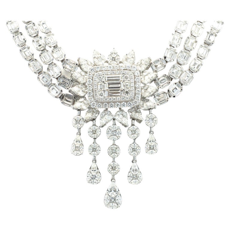 18 Karat White Gold Ornate Triple Strand Mosaic Set Diamond Necklace ...