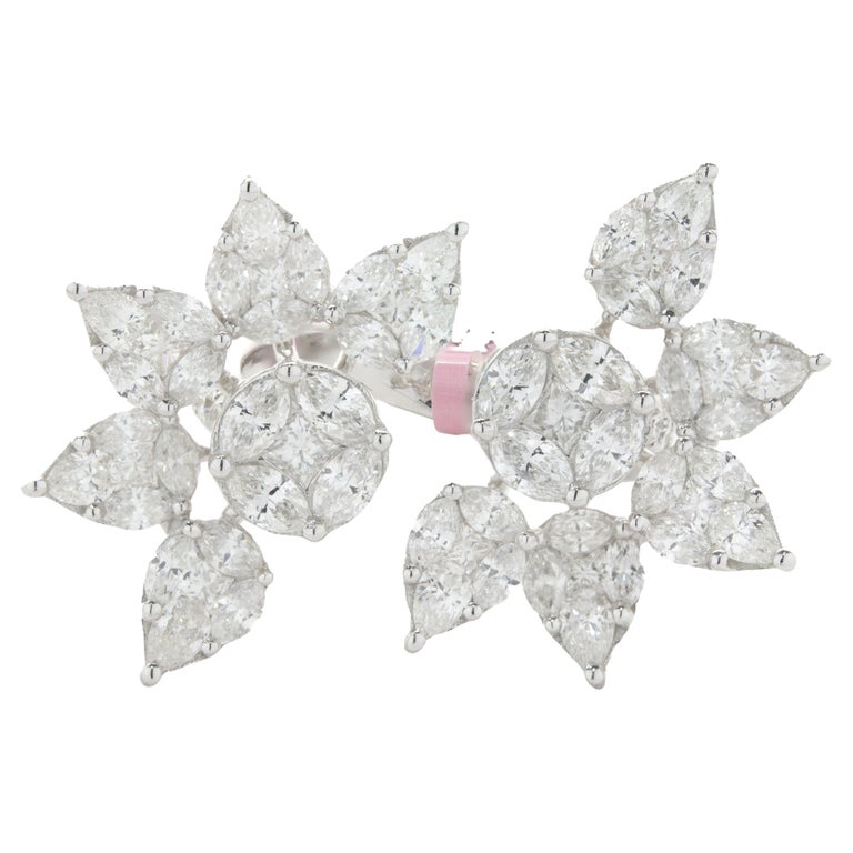 18 Karat White Gold Pave Diamond Double Flower Ring For Sale at 1stDibs