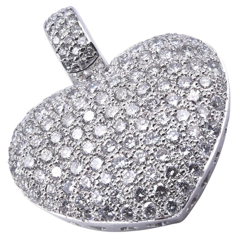 18 Karat White Gold Pave Diamond Puffed Heart Pendant For Sale at 1stDibs
