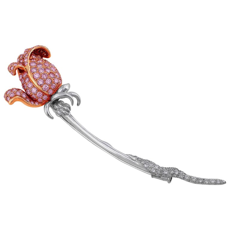 18 Karat White Gold Pave Diamond Rosebud Pin For Sale at 1stDibs