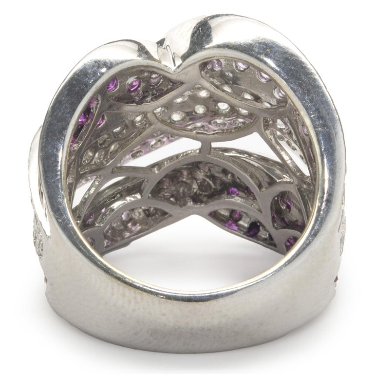 18 Karat White Gold Pave Diamond, Ruby, and Pink Sapphire Wave Ring For ...